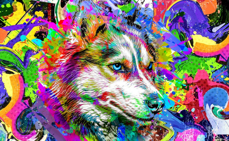 Haski Dog Head with Creative Colorful Abstract Elements on White ...