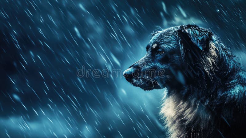Dog in Heavy Rainfall with Dark Skies and Dramatic Lighting Stock Photo ...