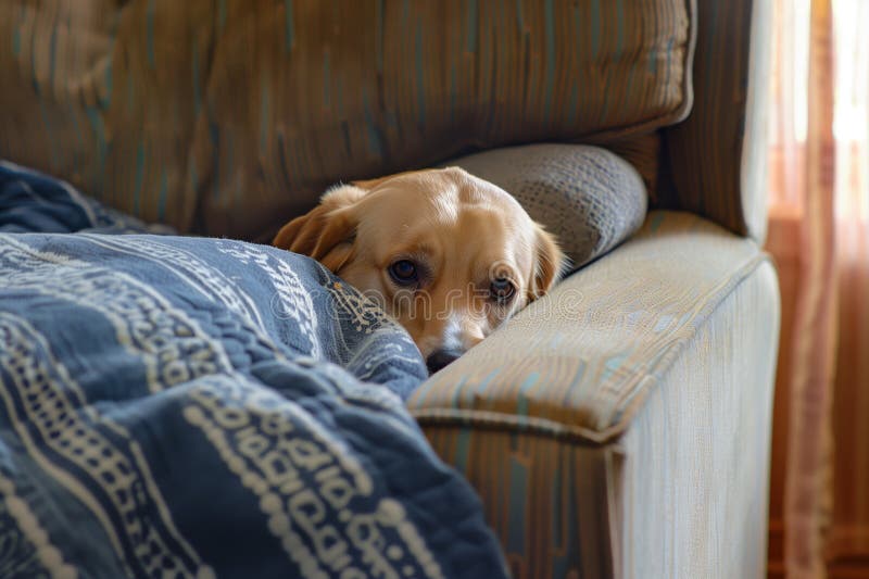 Dog Hiding Behind a Couch, Looking Guilty Stock Image - Image of ...