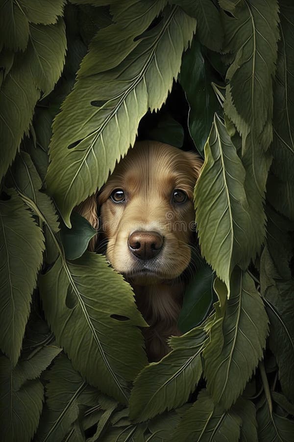 Dog Hiding Behind Leaves Hyper-Realistic Stock Illustration ...