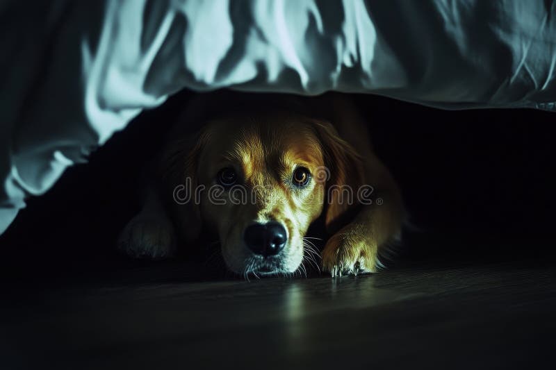 A Dog Hiding Under Bed at Home .darkness on Background Stock Photo ...