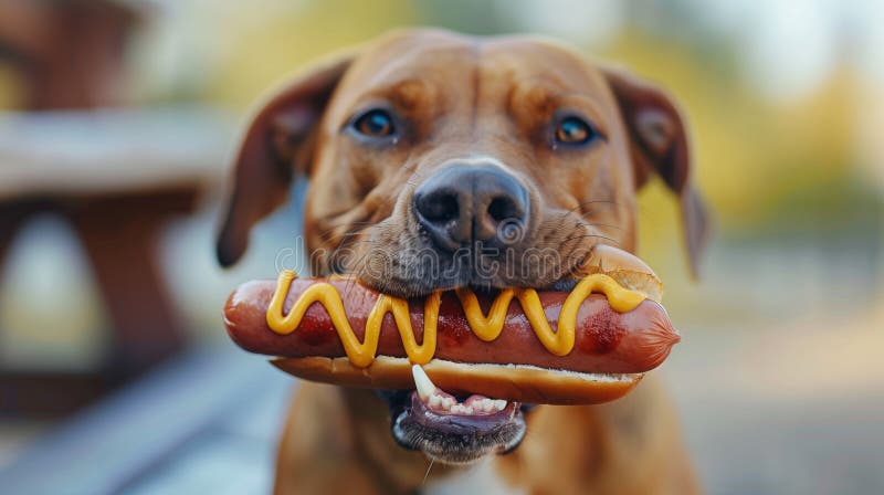 A Dog Holding a Hot Dog with Mustard in Its Teeth Stock Photo - Image ...
