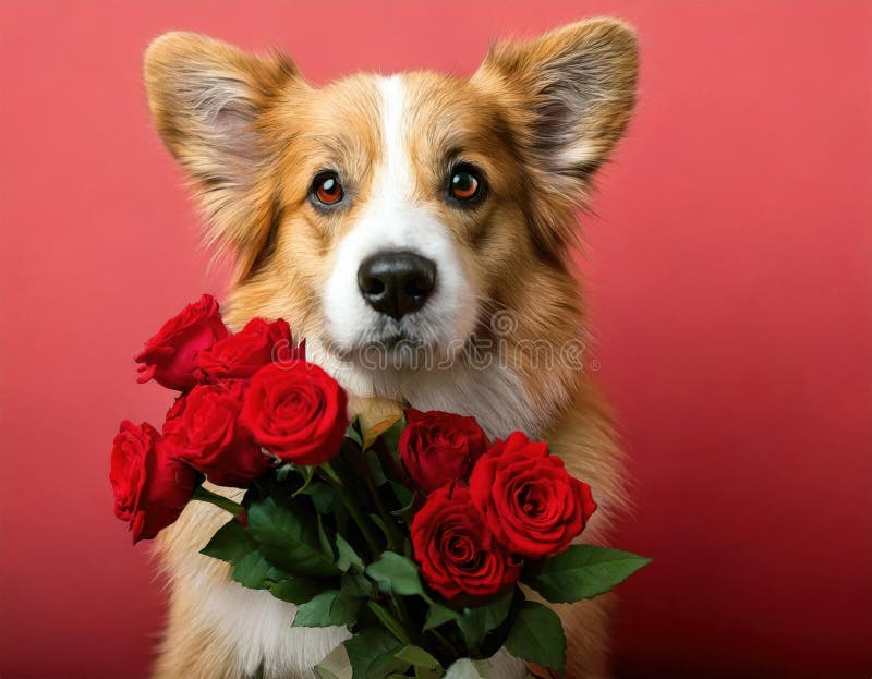 Dog Holding Roses for Valentines Day Stock Illustration - Illustration ...