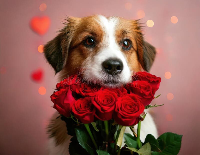 Dog Holding Roses for Valentines Day Stock Illustration - Illustration ...