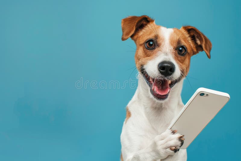 Dog Holding White Smartphone, Joyful Expression. Stock Photo - Image of ...