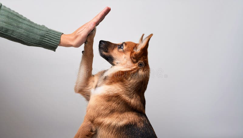 Dog and Human Doing a High Five on a Stylish Light Grey Studio ...