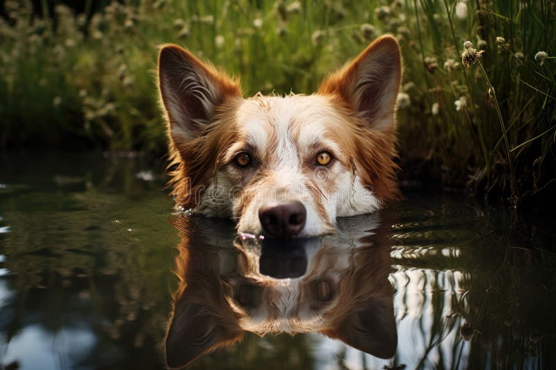 A Dog and Its Reflection Clearly Visible in a Pond Stock Photo - Image ...