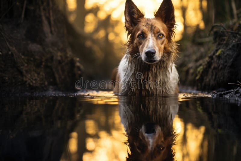 A Dog and Its Reflection Clearly Visible in a Pond Stock Photo - Image ...