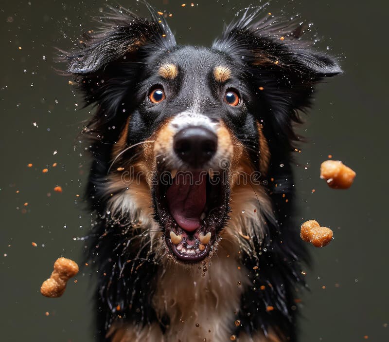 Dog is Jumping and Catching Food. a Dog Has Its Mouth Open and is ...