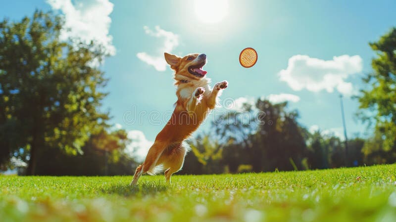 Dog Jumping To Catch a Flying Disc in Sunlight Stock Illustration ...