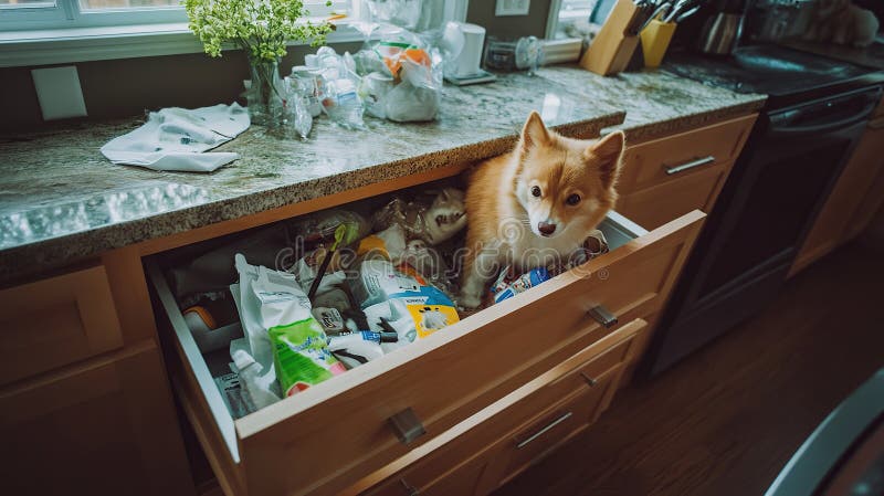 Dog in Kitchen Drawer, Messy Counter, Sunlight Stock Photo - Image of ...