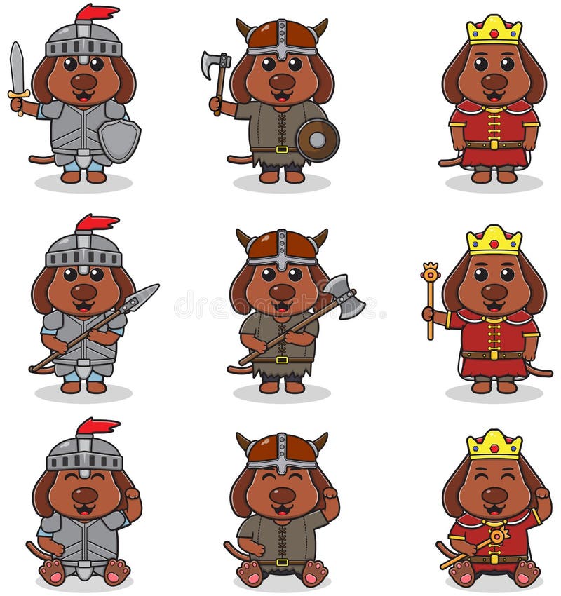 Vector Illustrations of Dog Characters in Various Medieval Outfits ...