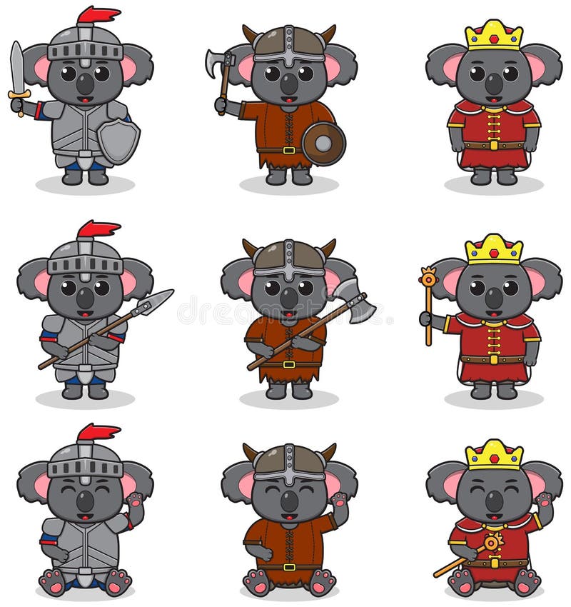 Vector Illustrations of Koala Characters in Various Medieval Outfits ...