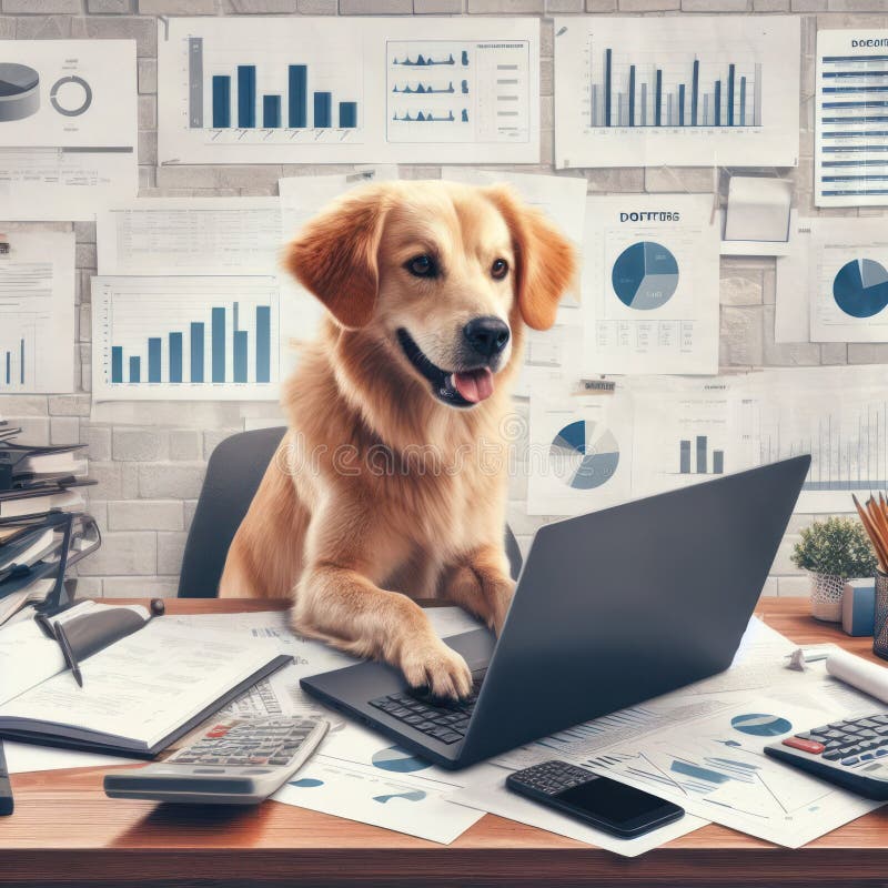 Dog on laptop at desk stock illustration. Illustration of desk - 296601172