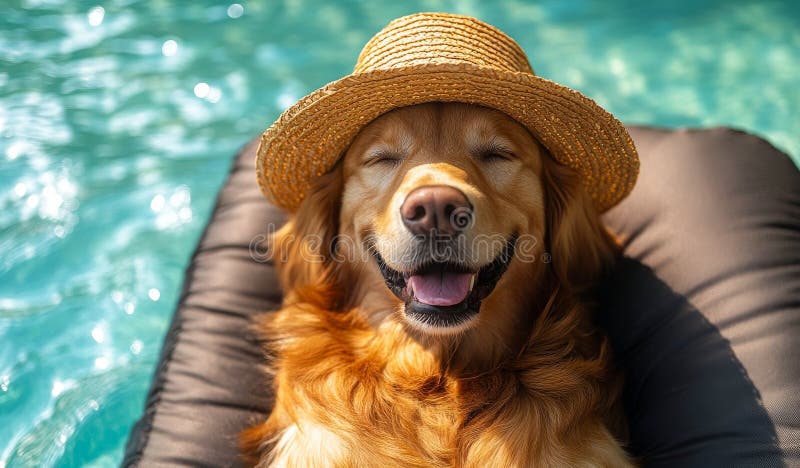 A Dog is Laying on a Pool Float with a Straw Hat on Its Head Stock ...