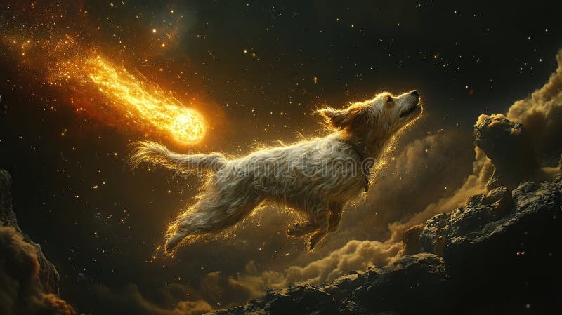 Dog Leaps through Space, Fiery Meteor Streaks Past Stock Illustration ...