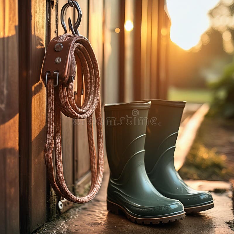A Dog Leash Hanging on a Hook by the Door, with a Pair of Rain Boots ...