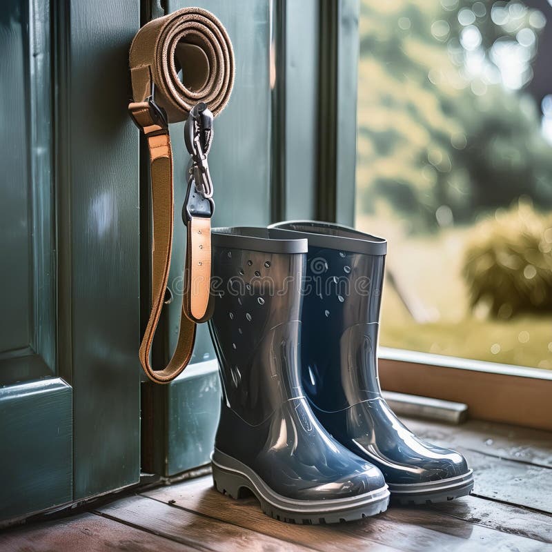 A Dog Leash Hanging on a Hook by the Door, with a Pair of Rain Boots ...