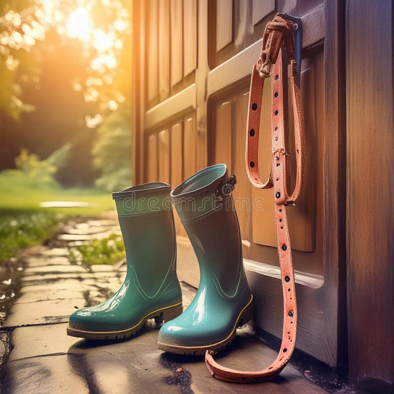 A Dog Leash Hanging on a Hook by the Door, with a Pair of Rain Boots ...