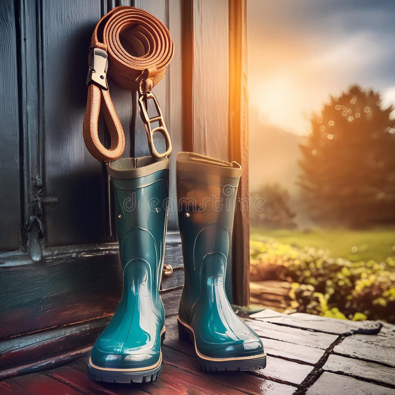 A Dog Leash Hanging on a Hook by the Door, with a Pair of Rain Boots ...