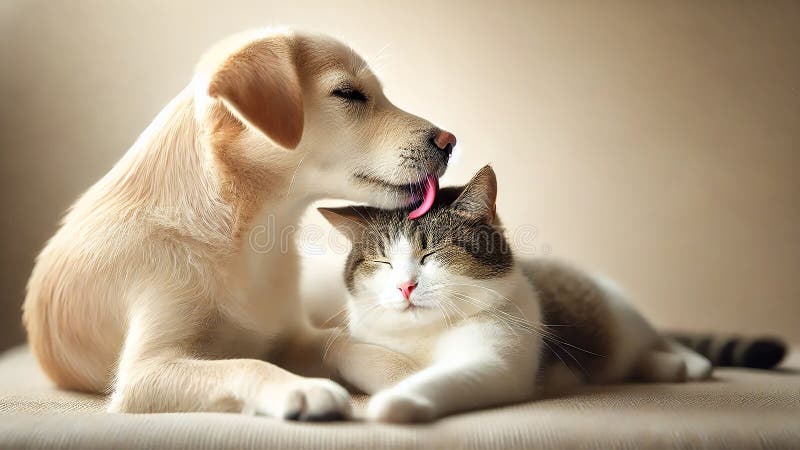 Dog Licking a Cat Head with Affection Stock Illustration - Illustration ...