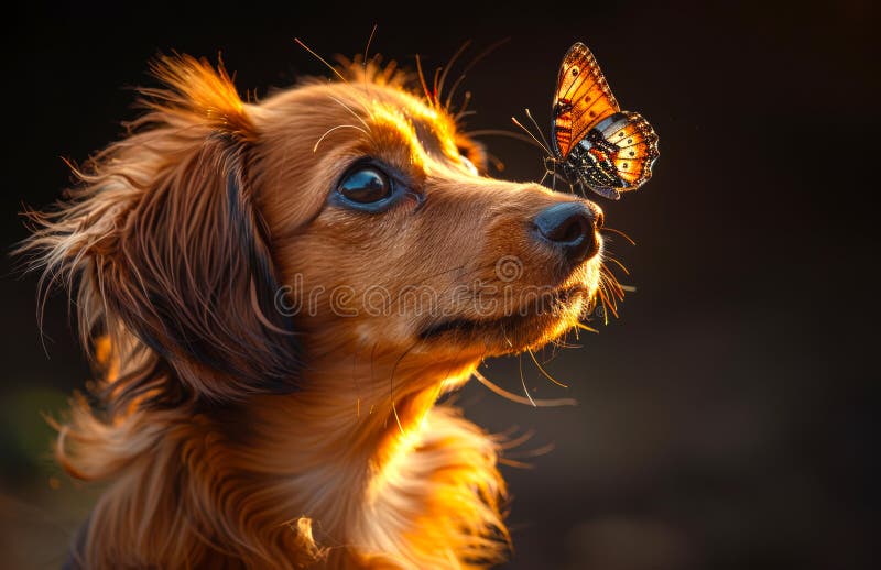 A Dog is Looking at a Butterfly with Its Nose Stock Photo - Image of ...
