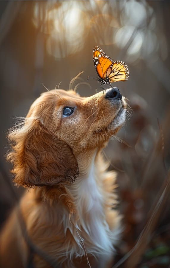 A Dog is Looking at a Butterfly with Its Nose. the Dog is Brown and ...