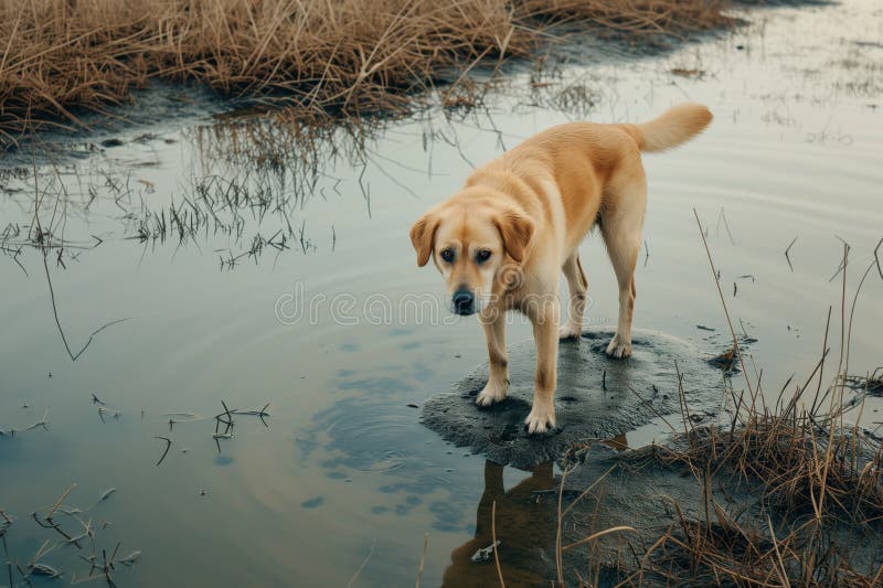 Dog Looking Confused on a Small Dry Spot Surrounded by Water Stock ...