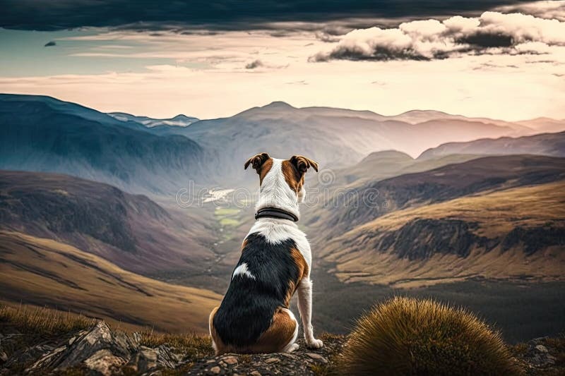 Dog, Looking Out Over Vast Mountain Range, with View of Rolling Hills ...
