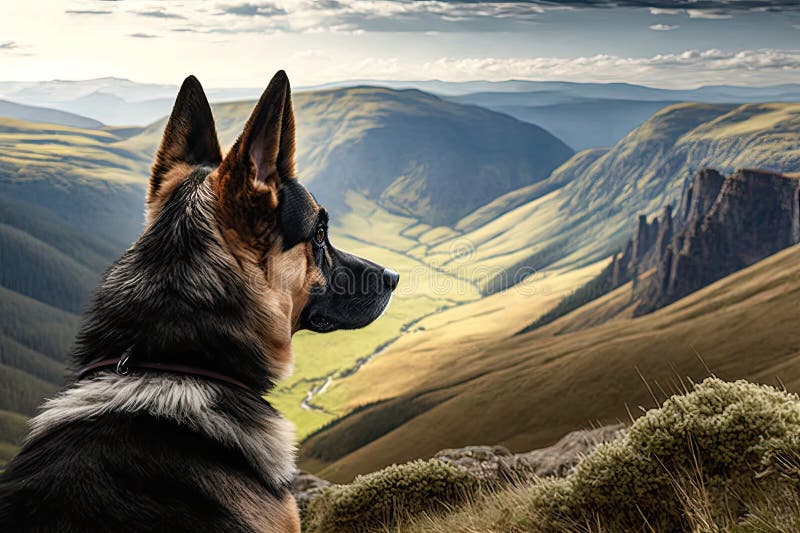 Dog, Looking Out Over Vast Mountain Range, with View of Rolling Hills ...