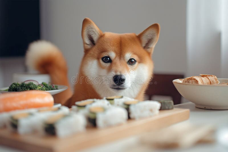 Dog Looking at Sushi on Kitchen Table. Stock Illustration ...