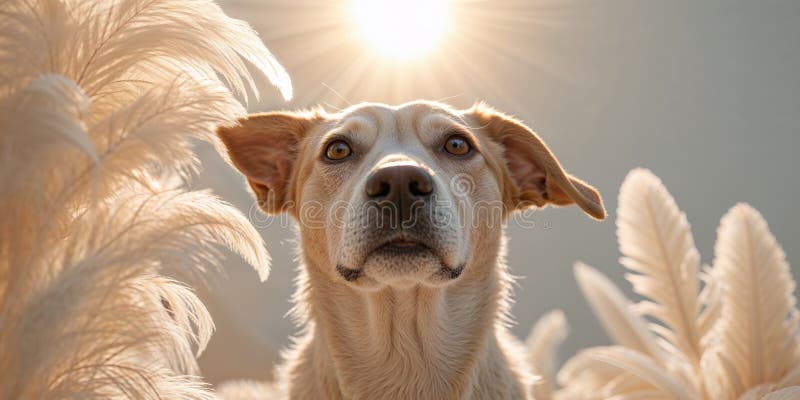 A Dog Looking Up with the Sun Shining Brightly Above Its Head Stock ...