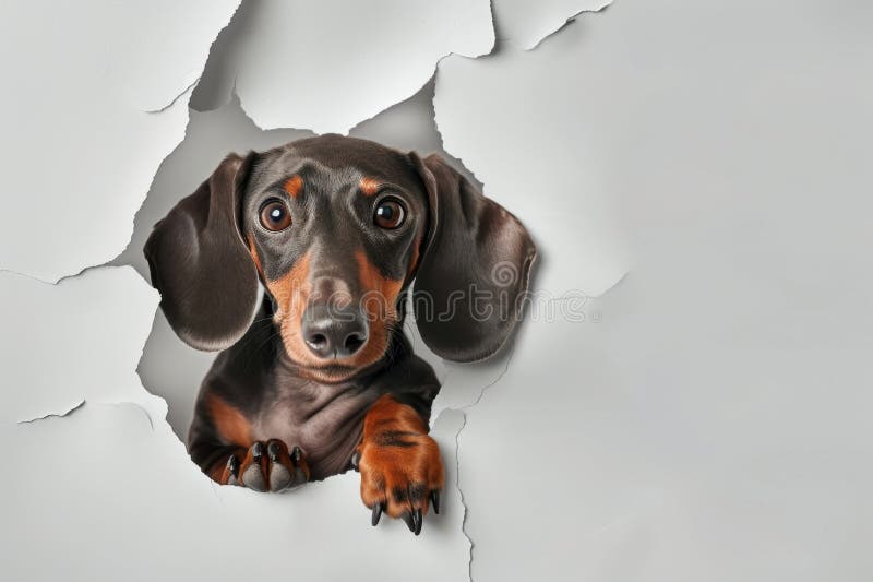 The Dog Looks into the Hole. a Dachshund Pet Looks through a Hole in ...