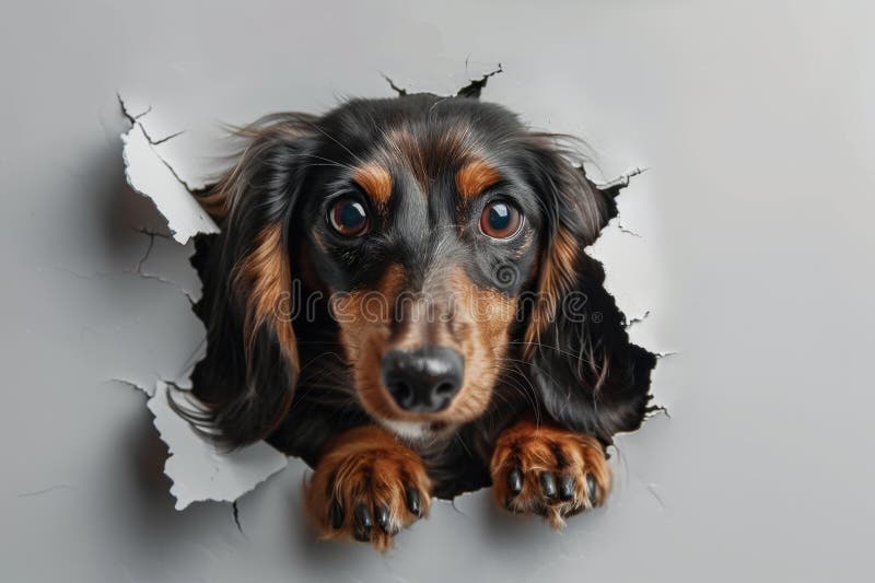 The Dog Looks into the Hole. a Dachshund Pet Looks through a Hole in ...