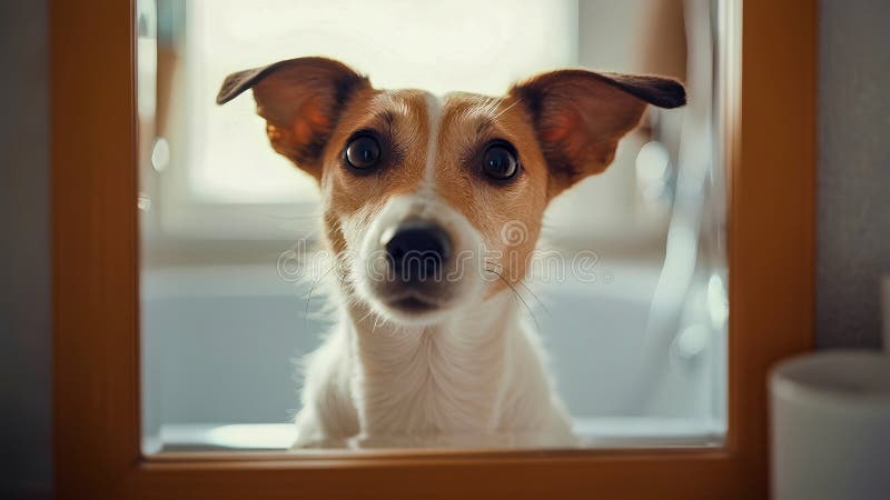 The Dog Looks in the Mirror, Surprised at His Reflection. Stock ...