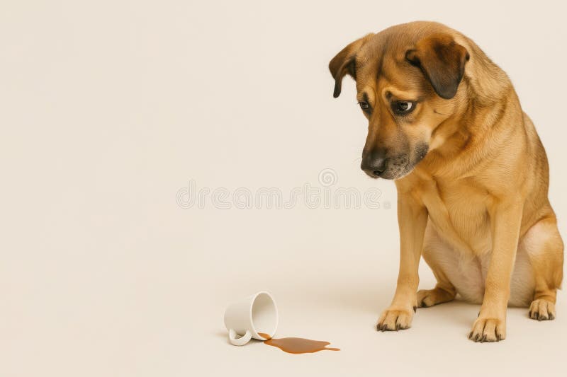 The Dog Looks at the Spilled Mug with a Sad Look. Space for Text. Stock ...
