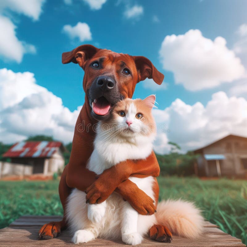 A dog lovingly hugs a cat. stock image. Image of love - 308800129