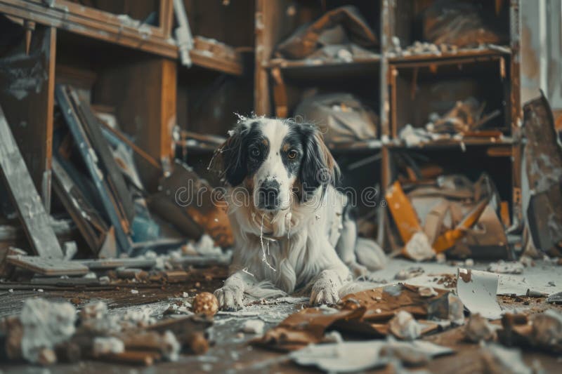 Dog Lying Down on Floor Covered in Rubble after Disaster Stock Image ...