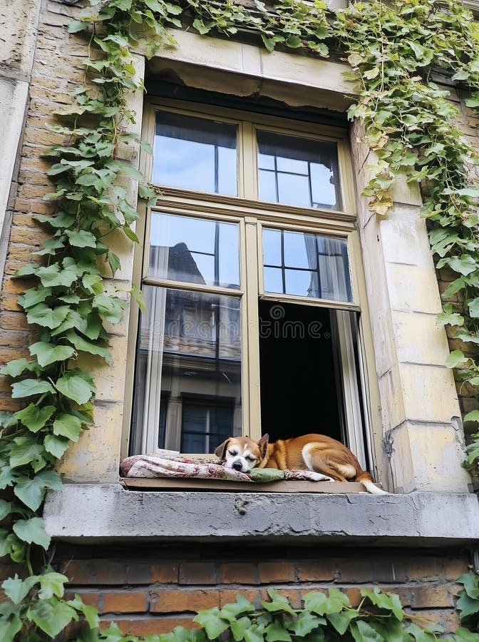 A Dog on the Windowsill of an Old House. Stock Illustration ...