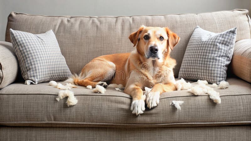 A Dog Lying on the Sofa with a Torn Pillow. the Dog Ruins the Furniture ...