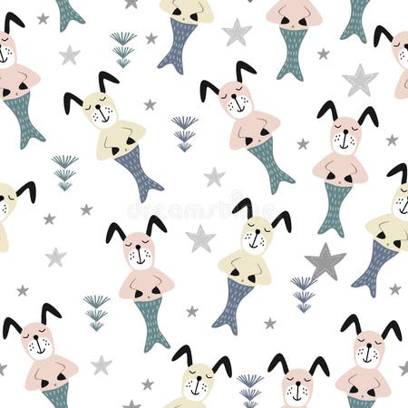 Dog Mermaid Seamless Pattern Cute Drawing Vector Illustration Stock ...