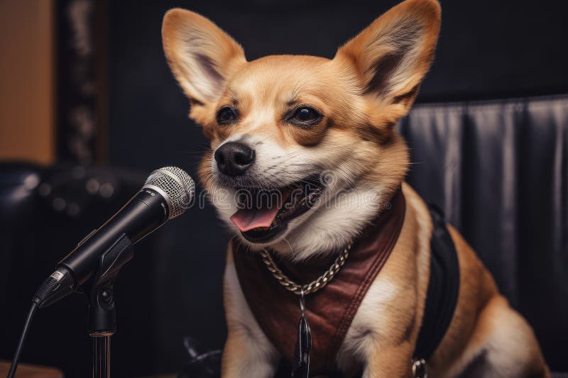 Dog with Microphone and Guitar, Ready To Rock Out on Stage Stock ...