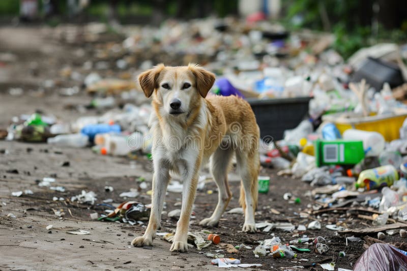 Dog in the Middle of Scattered Garbage Stock Image - Image of urban ...