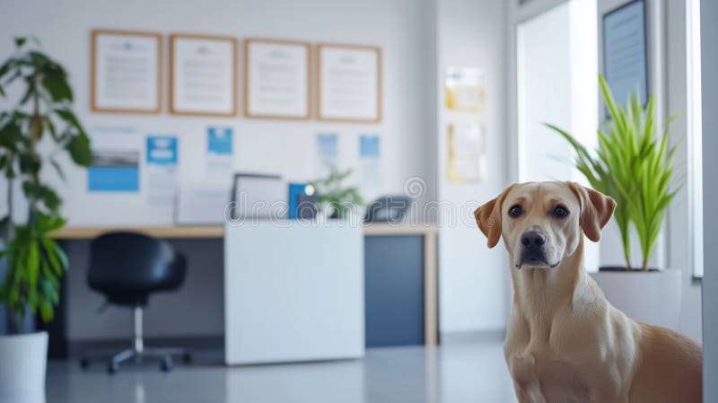 Dog in Modern Office Environment, Bright Space with Plants and ...