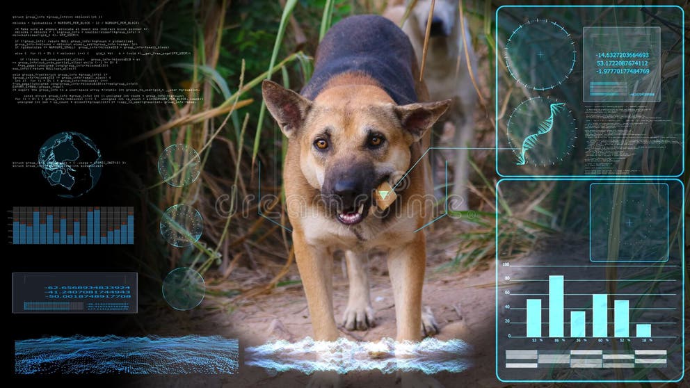 Dog in Nature with High-Tech Elements and Data Visualization Graphics ...