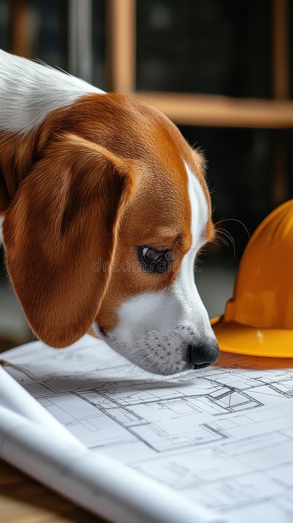 Dog Observing Architectural Blueprint on a Table with Various Tools and ...