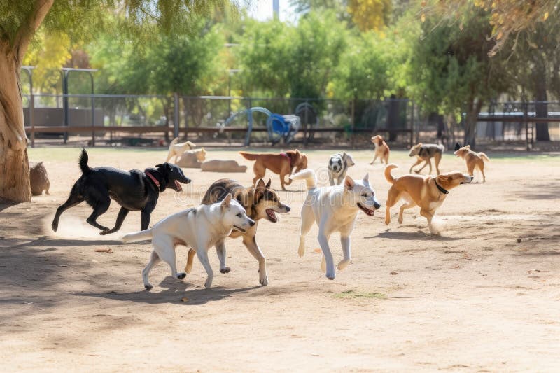 Dog Park, with Pack of Dogs Running and Playing Together Stock ...