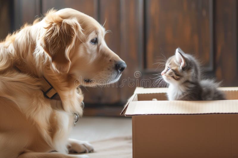 Dog Patiently Watching Kitten Climb Out of a Box Stock Image - Image of ...