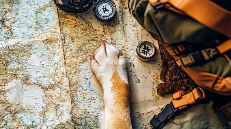 A Dog Paw Resting on a Flat Lay of Hiking Gear, Including a Map and ...