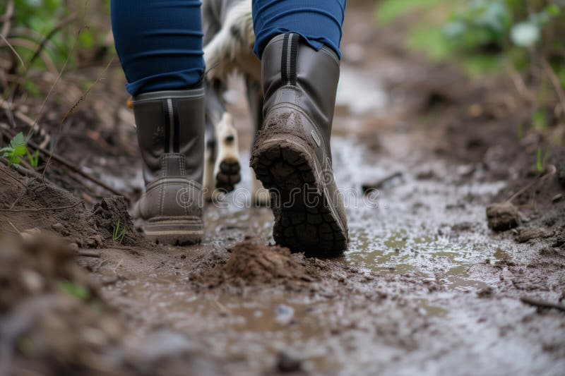Dog Paws and Owners Shoes Walking Side by Side on Muddy Path Stock ...